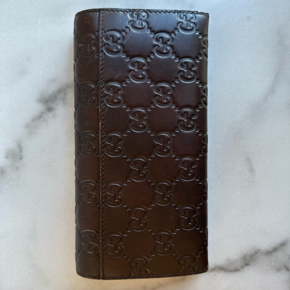 Gucci | Bags | Gucci Brown Leather Micro Guccissima Flap Long Wallet ...